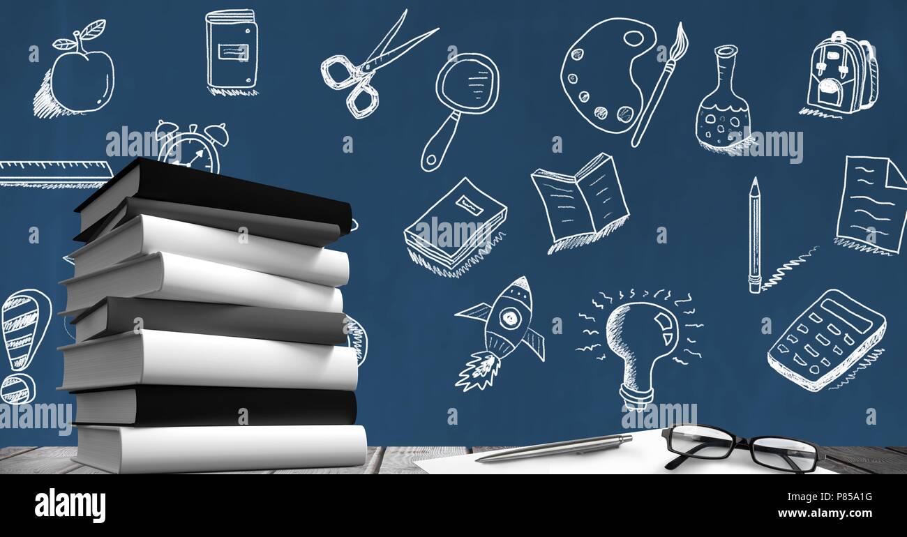 Education drawing on blackboard for school with books Stock Photo - Alamy
