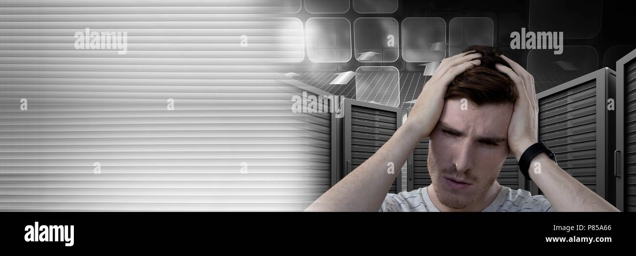 Man with computer servers and technology information interface ...