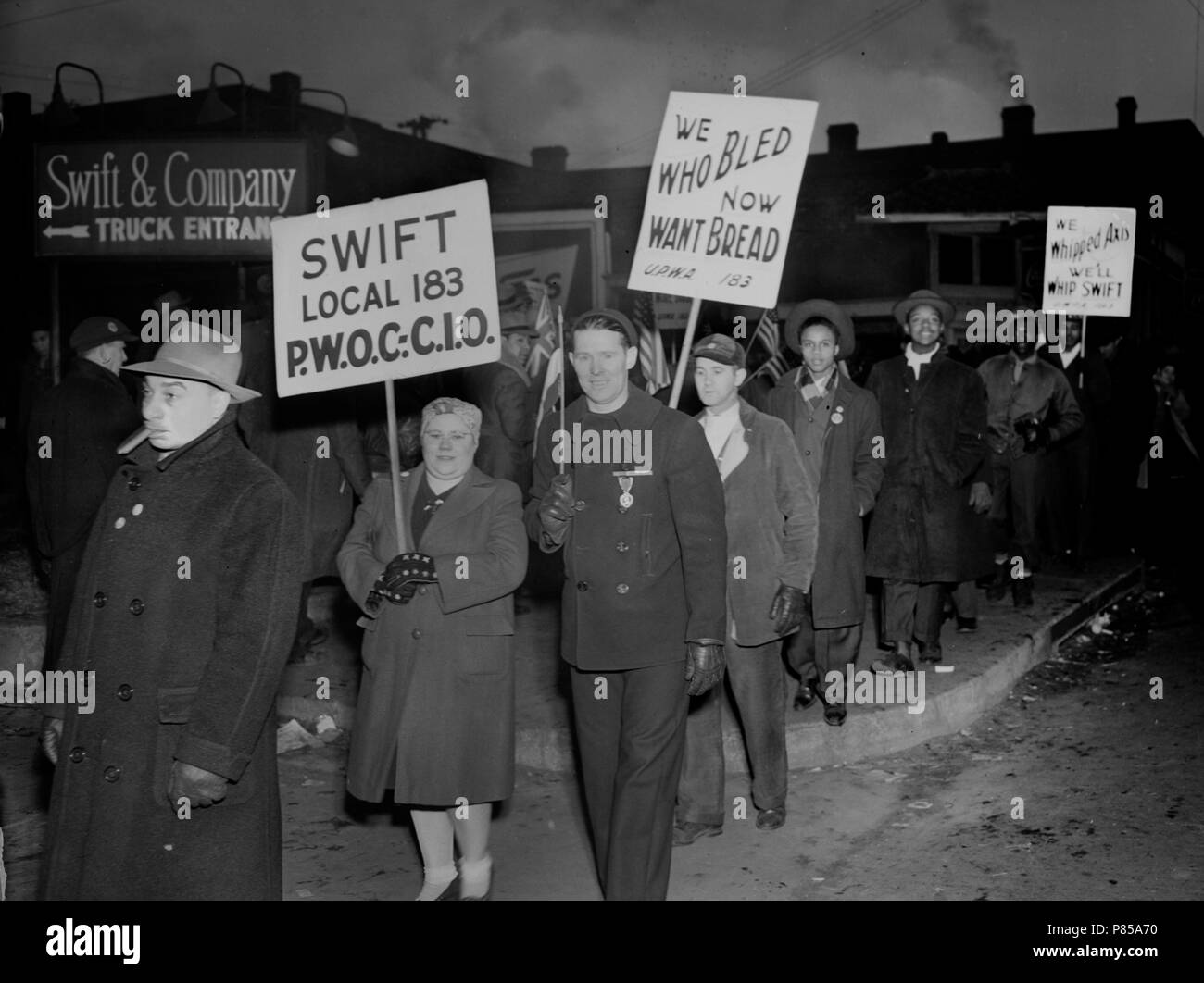 Labor strike at a meatpacking plant in Kansas City, MO, ca. 1946 Stock ...