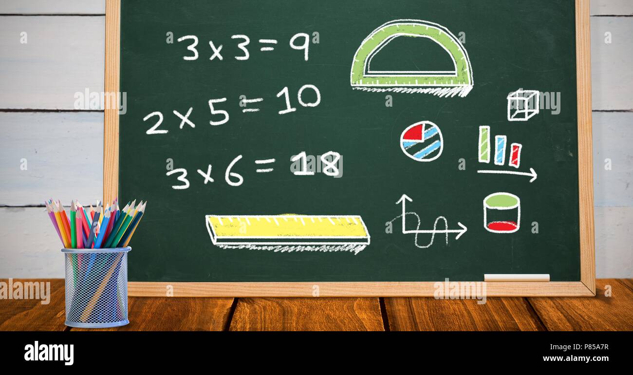 Math drawings on education blackboard in school Stock Photo - Alamy