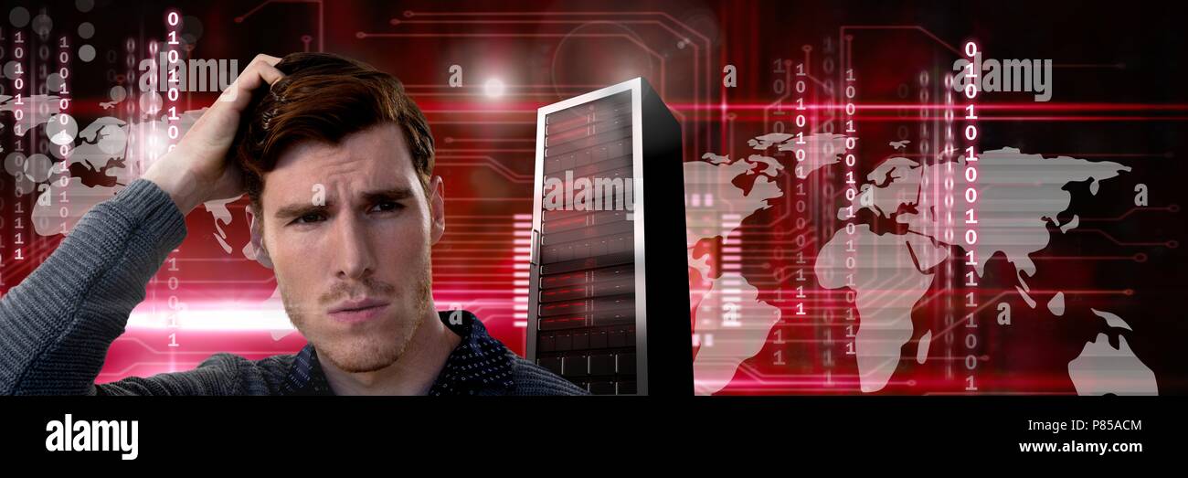 Man with computer server and technology information interface ...