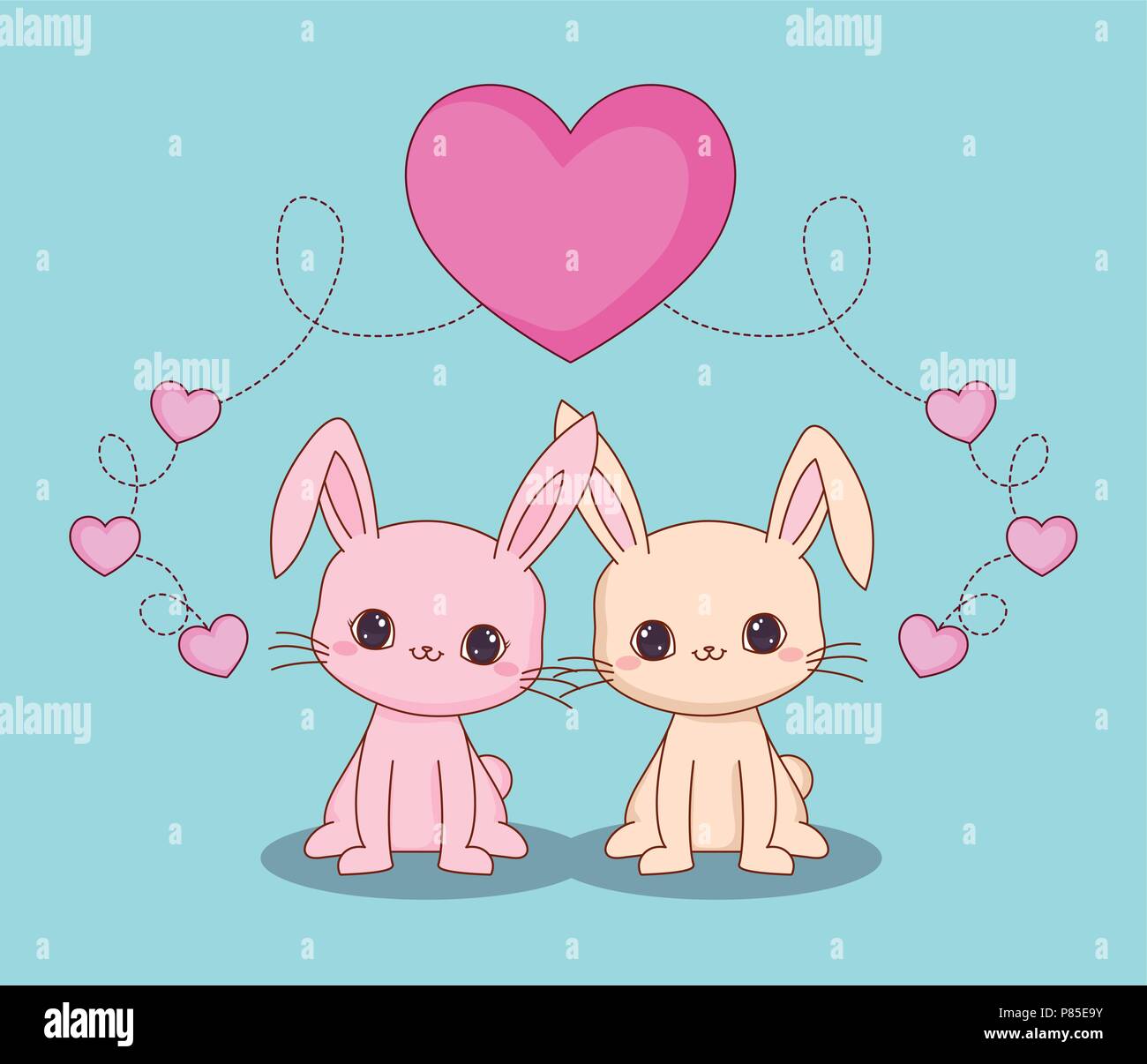 Kawaii rabbits in love over blue background, colorful design. vector ...