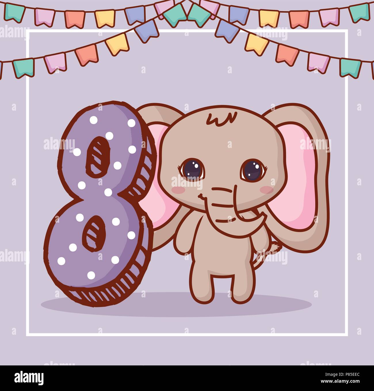 Happy birthday design with cute elephant and number eight over gray ...