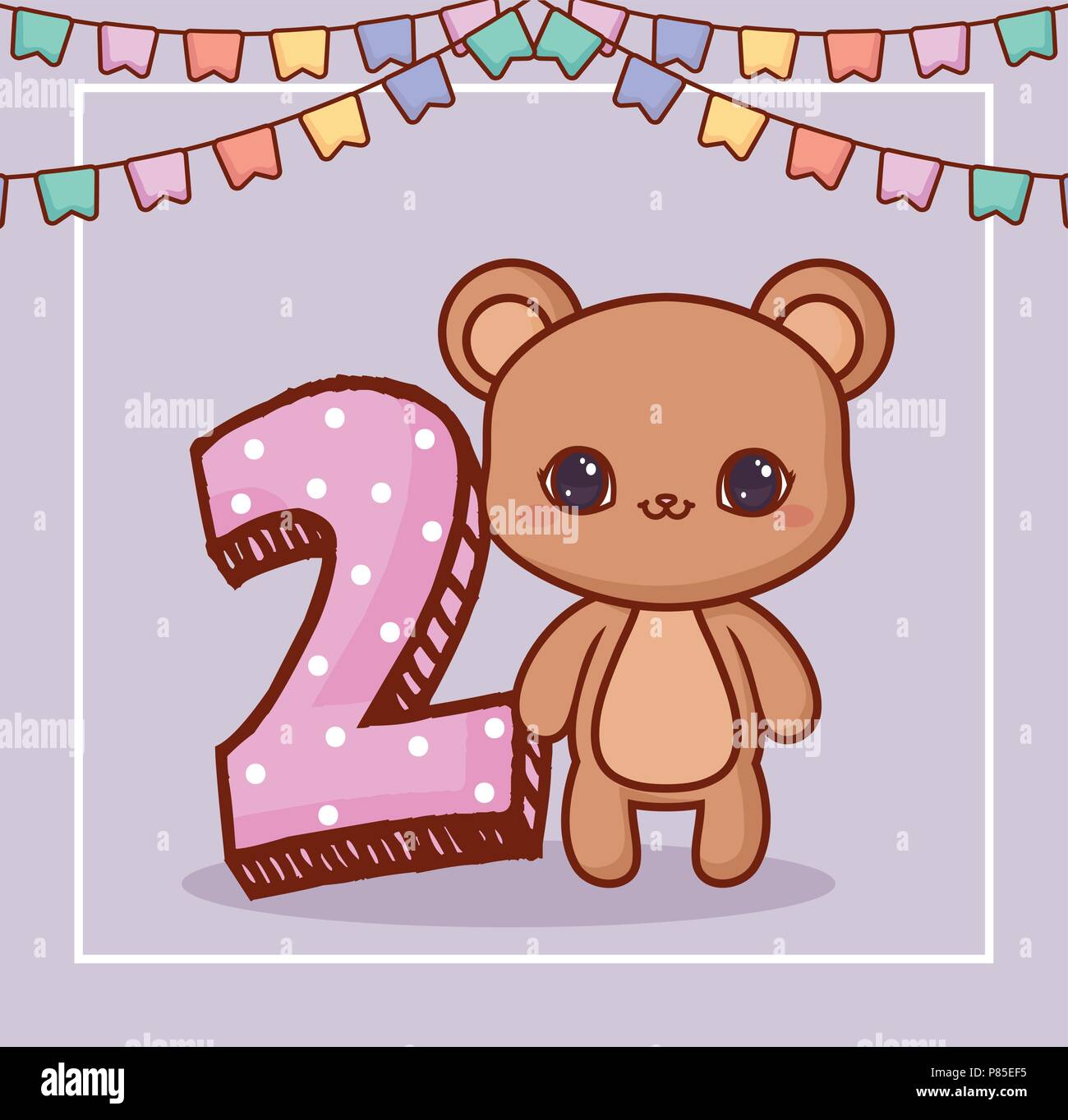 Happy birthday design with cute bear and number two over gray ...