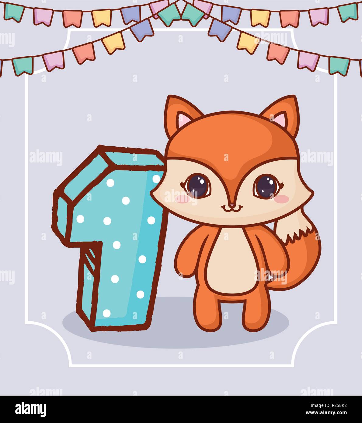 Happy birthday design with cute fox and number one over gray background ...