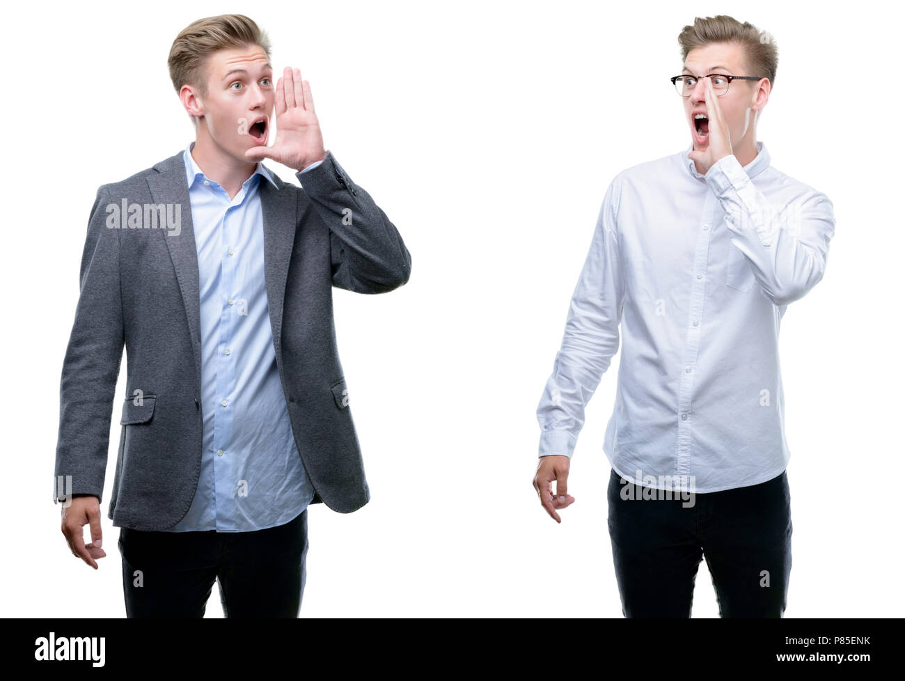 Young handsome blond business man wearing different outfits shouting ...