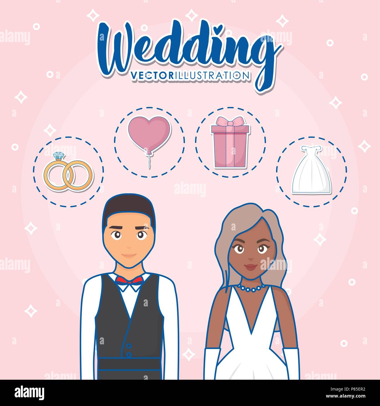 cartoon married couple with wedding related icons over pink background ...