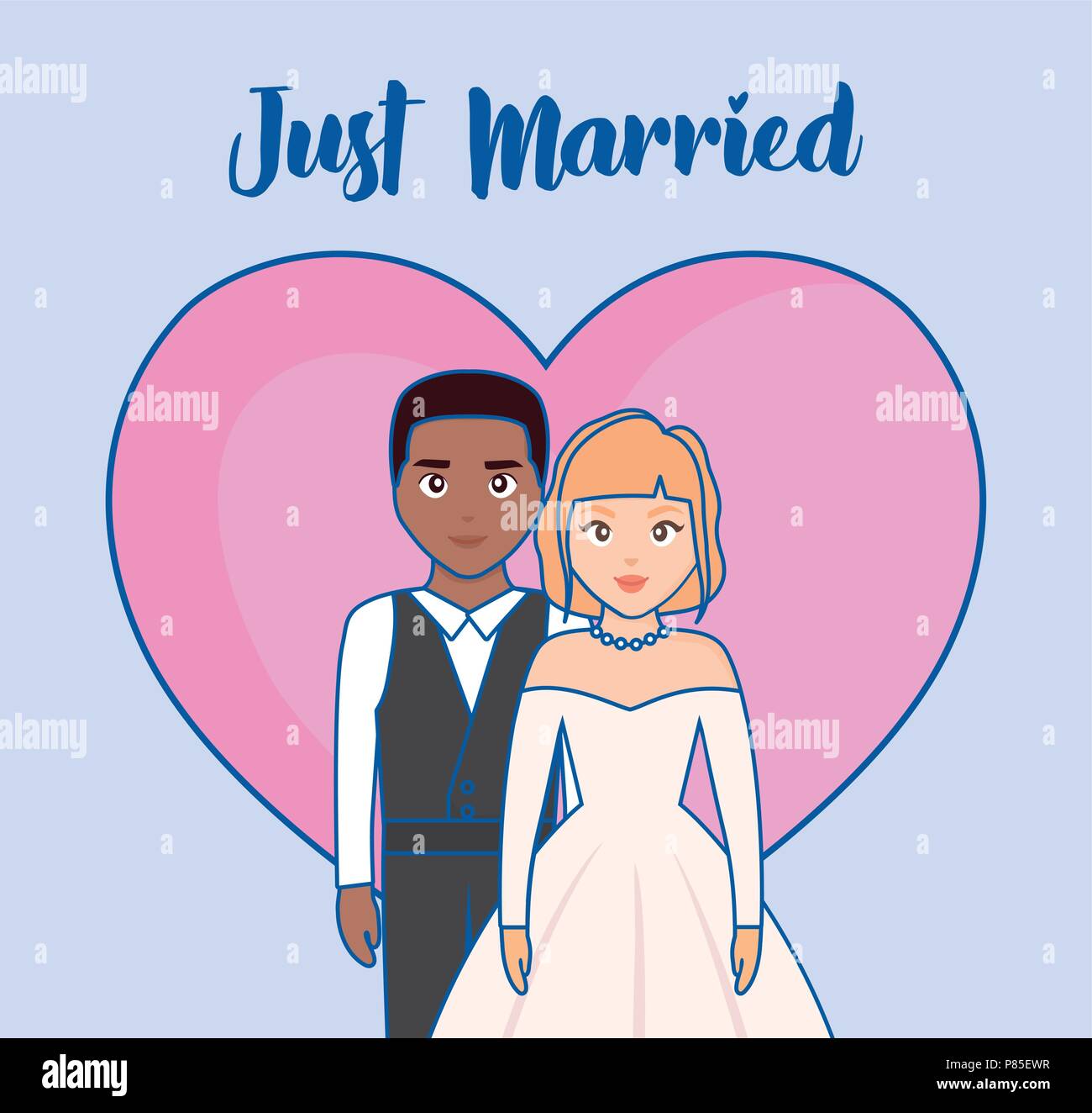 Heart with just married couple over blue background, colorful design ...