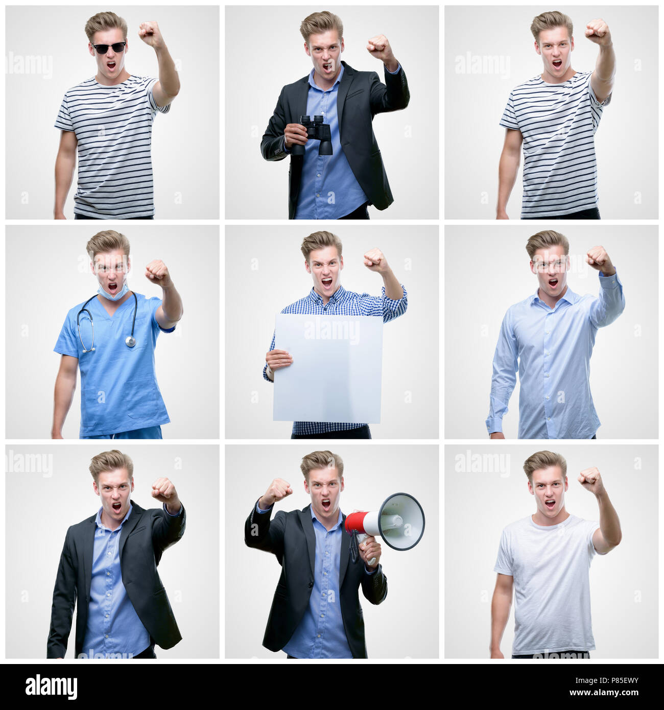 Collage of handsome young man wearing differents outfits annoyed and ...