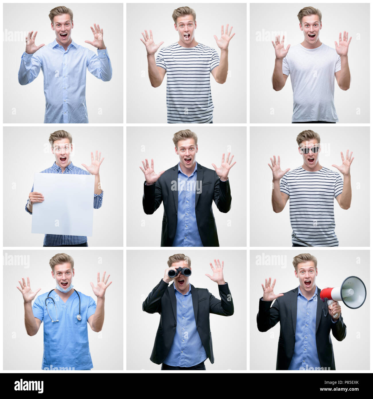 Collage of handsome young man wearing differents outfits very happy and ...