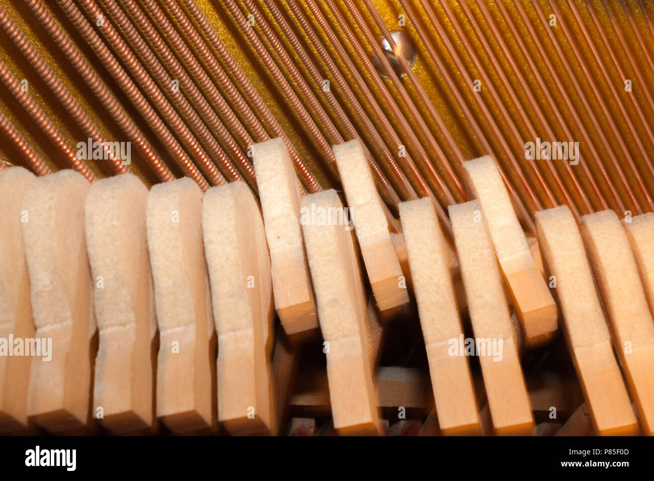 Hammers and strings inside piano. Part of internal mechanism close-up ...