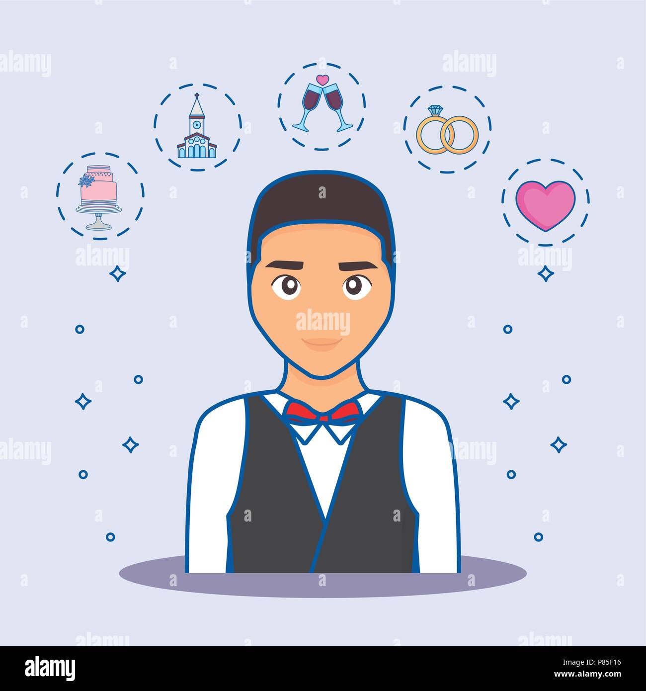 Cartoon groom and wedding related icons over blue background, colorful ...