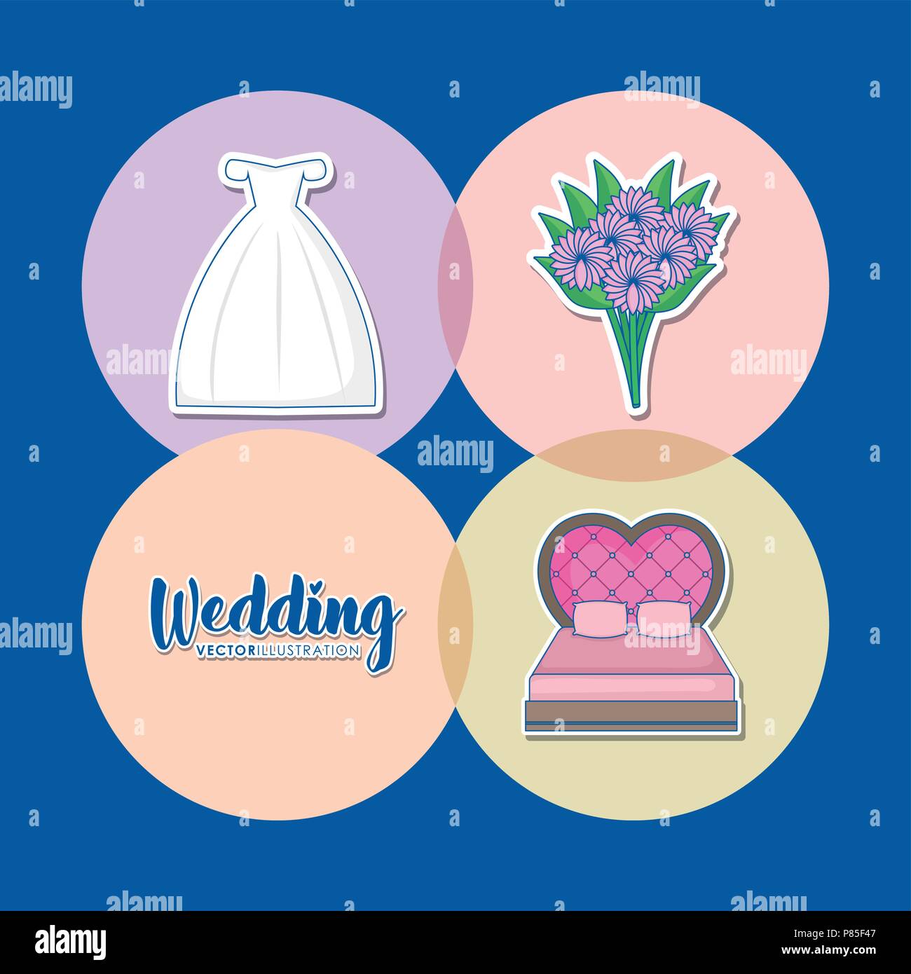Icon set of wedding concept over colorful circles and blue background ...