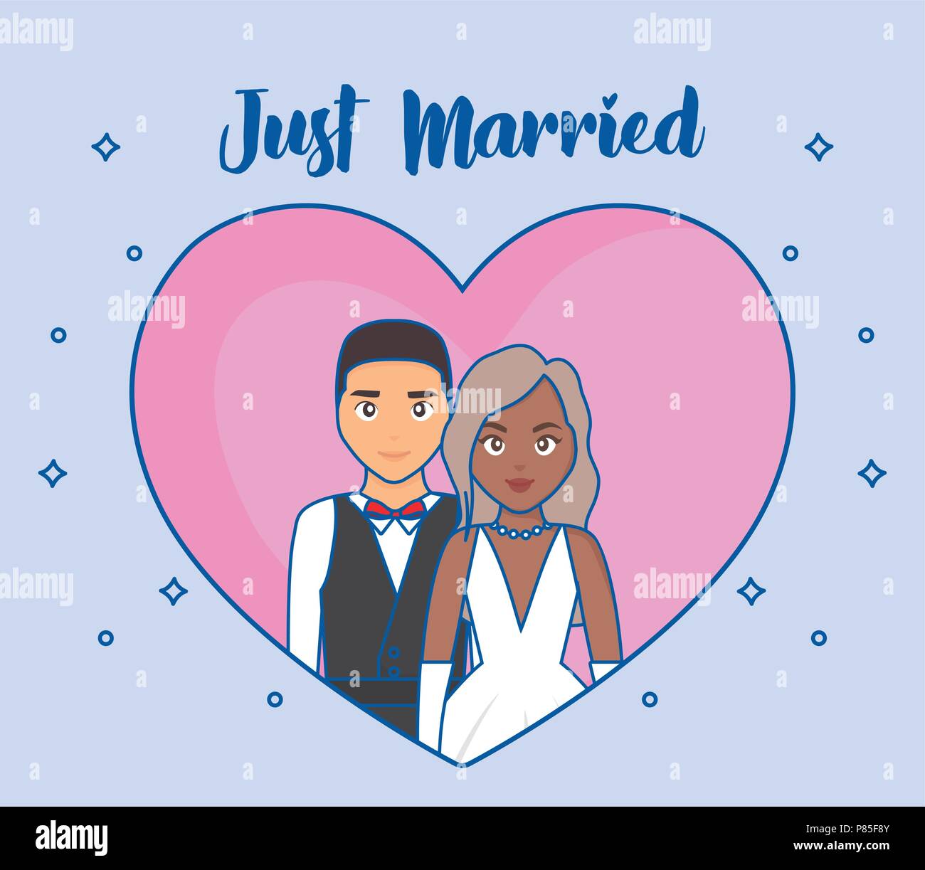 Heart with just married couple over blue background, colorful design ...