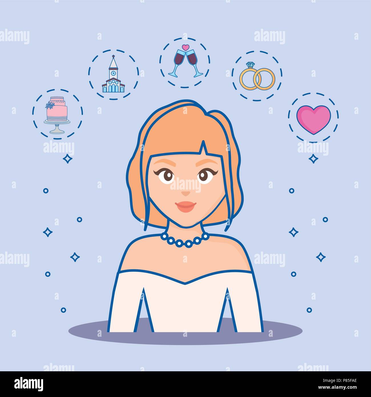cartoon bride with wedding related icons over blue background, colorful ...