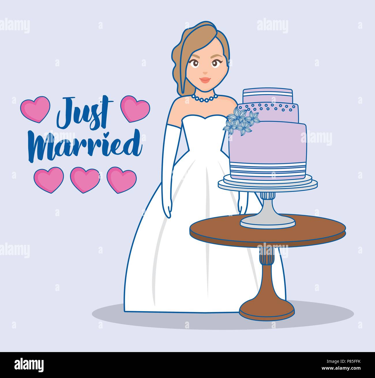 Cartoon bride and table with wedding cake over blue background ...