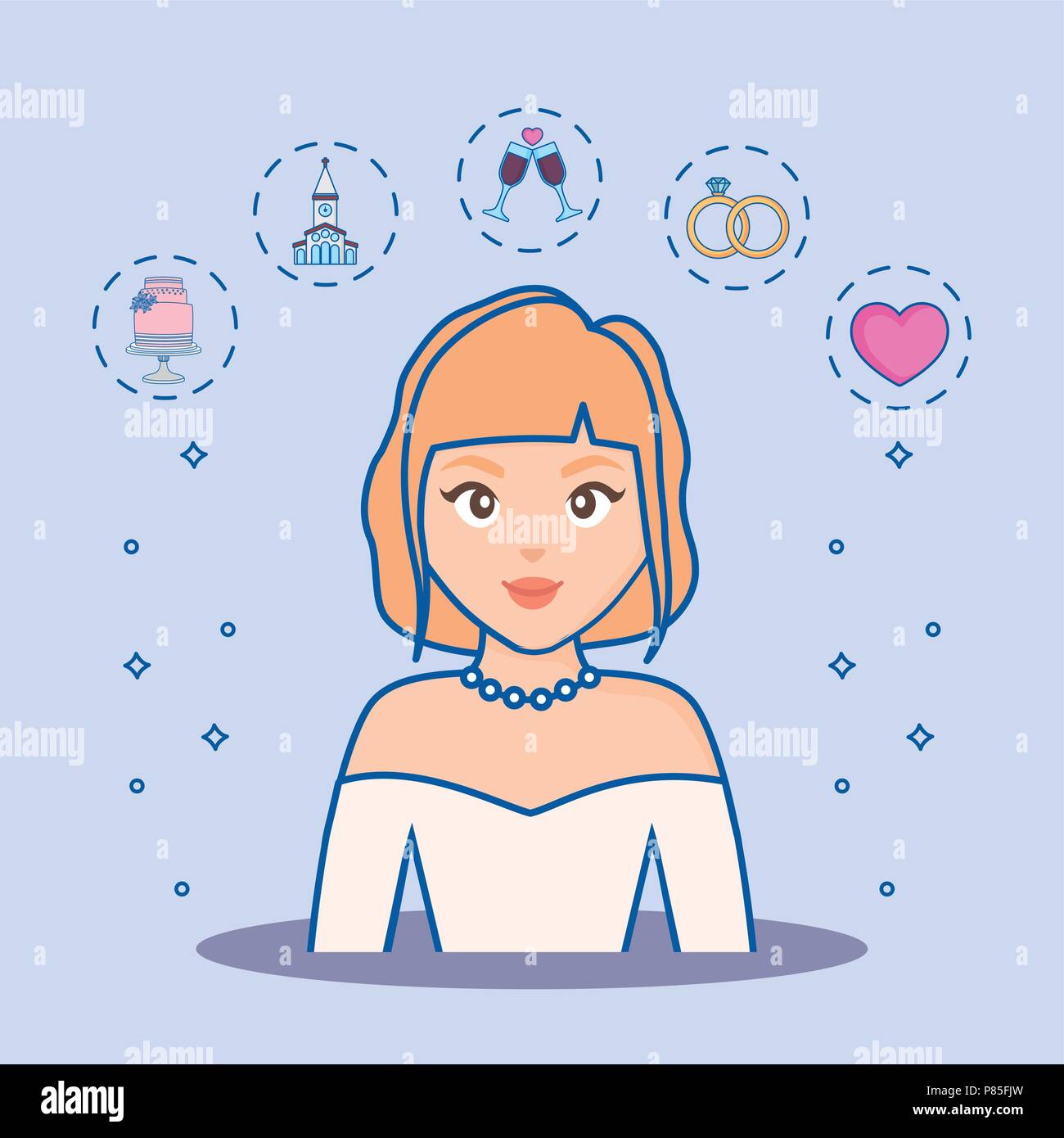 cartoon bride with wedding related icons over blue background, colorful ...