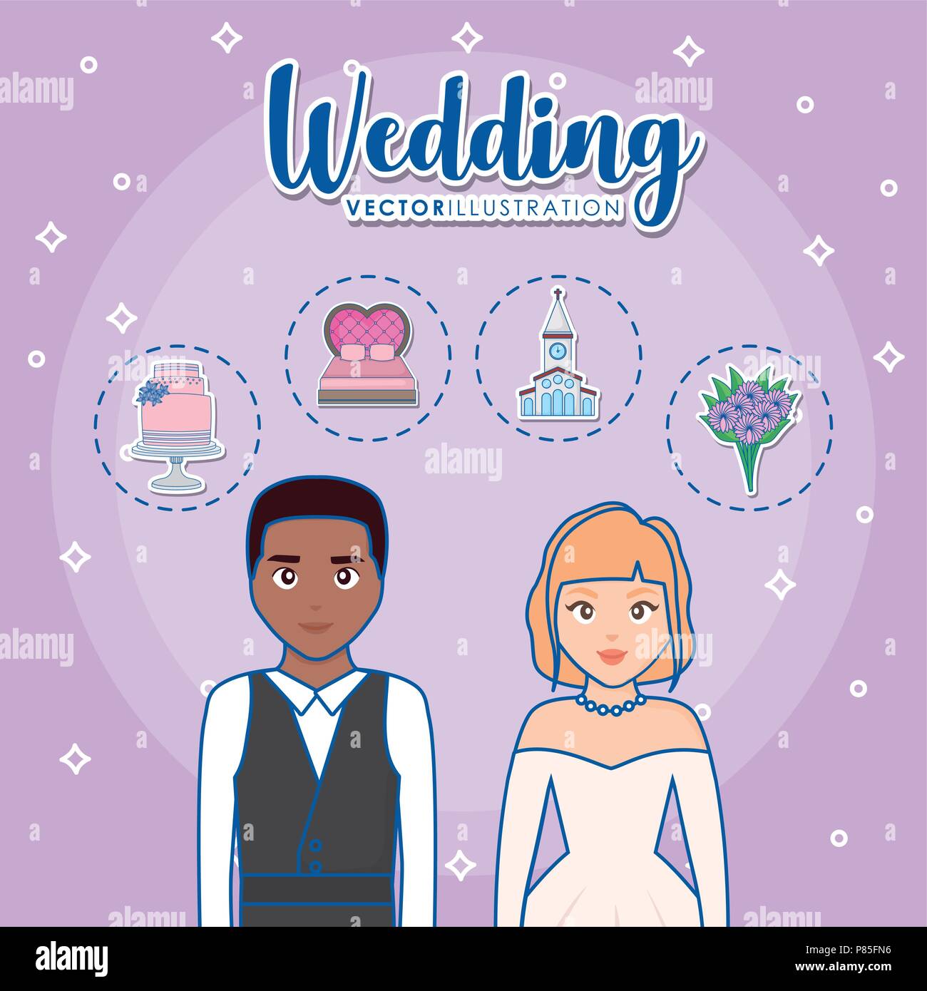 cartoon married couple with wedding related icons over purple ...