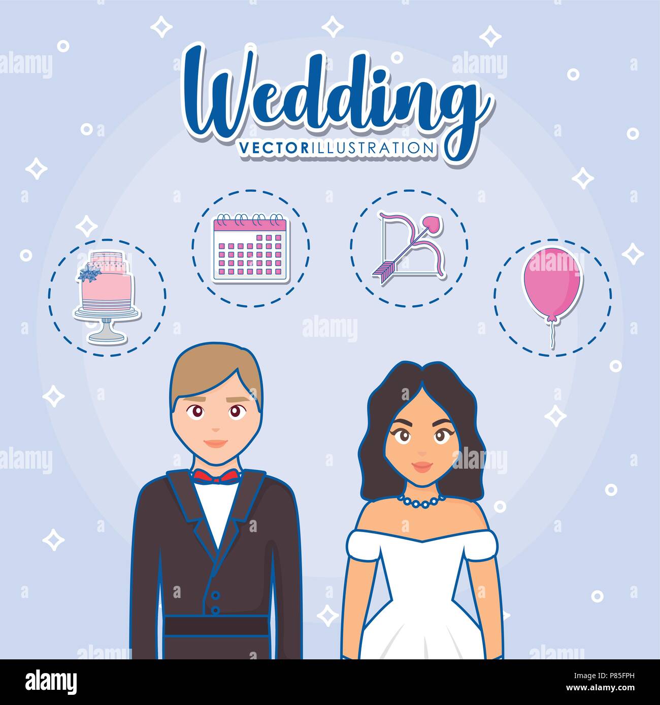cartoon married couple with wedding related icons over blue background ...