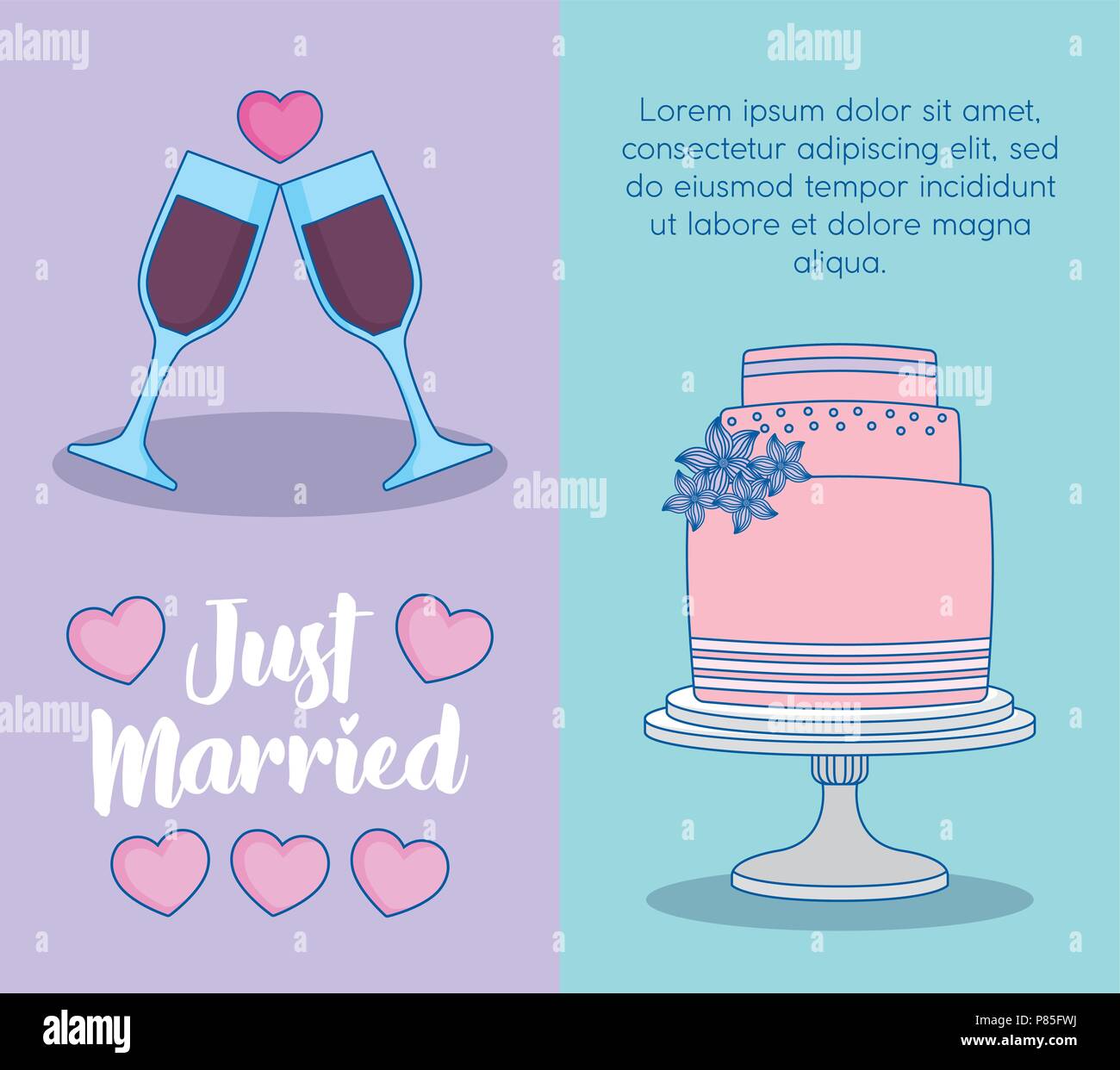 Just married infographic with champagne glasses and wedding cake icon ...