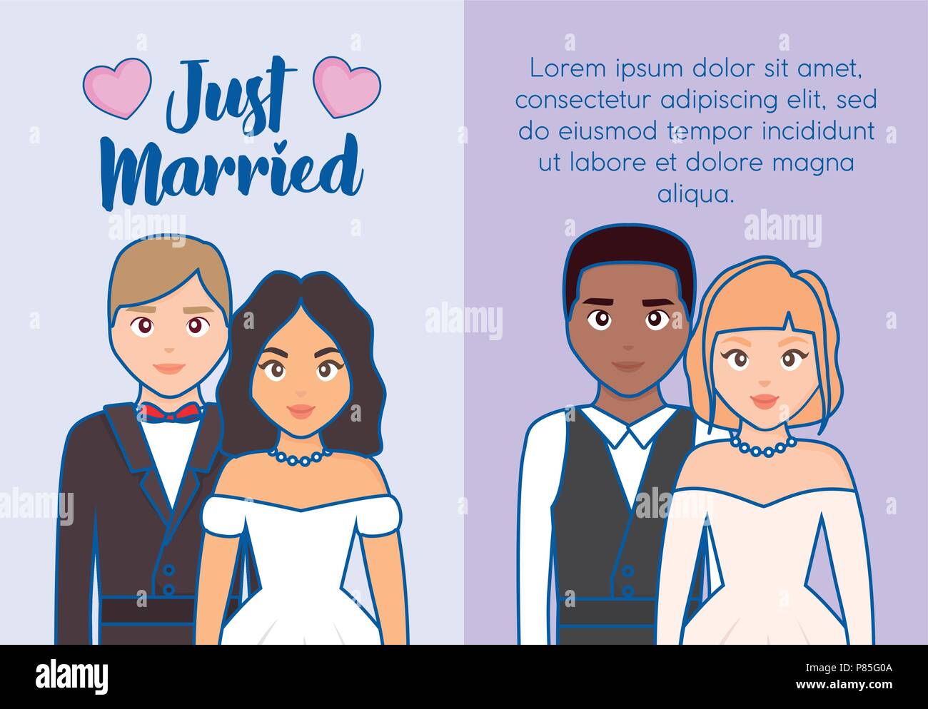 Just married infographic with married couples icon over colorful ...