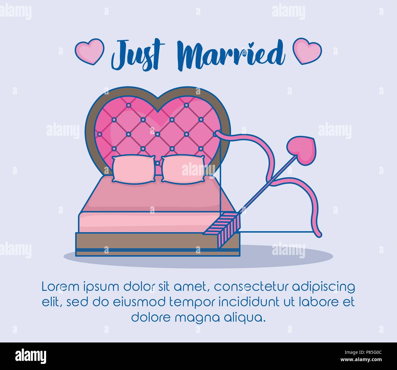 Just married infographic with cupid bow and bed icon over blue ...