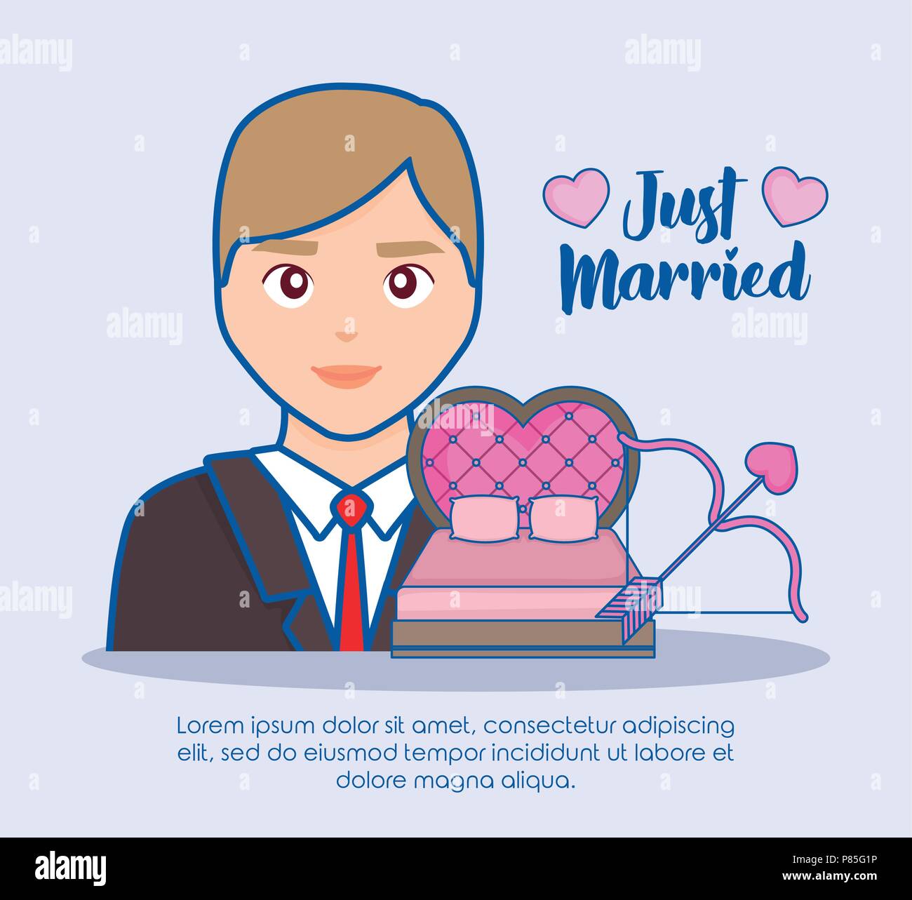 Just married infographic with groom and bed icon over purple background ...