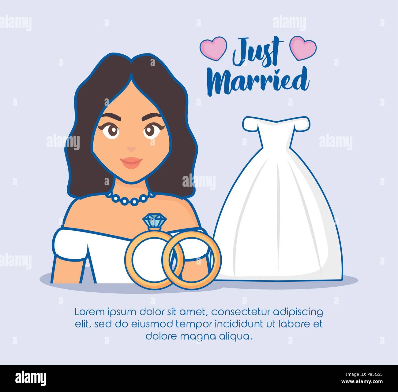 Just married infographic with cartoon bride and engagement rings icon ...