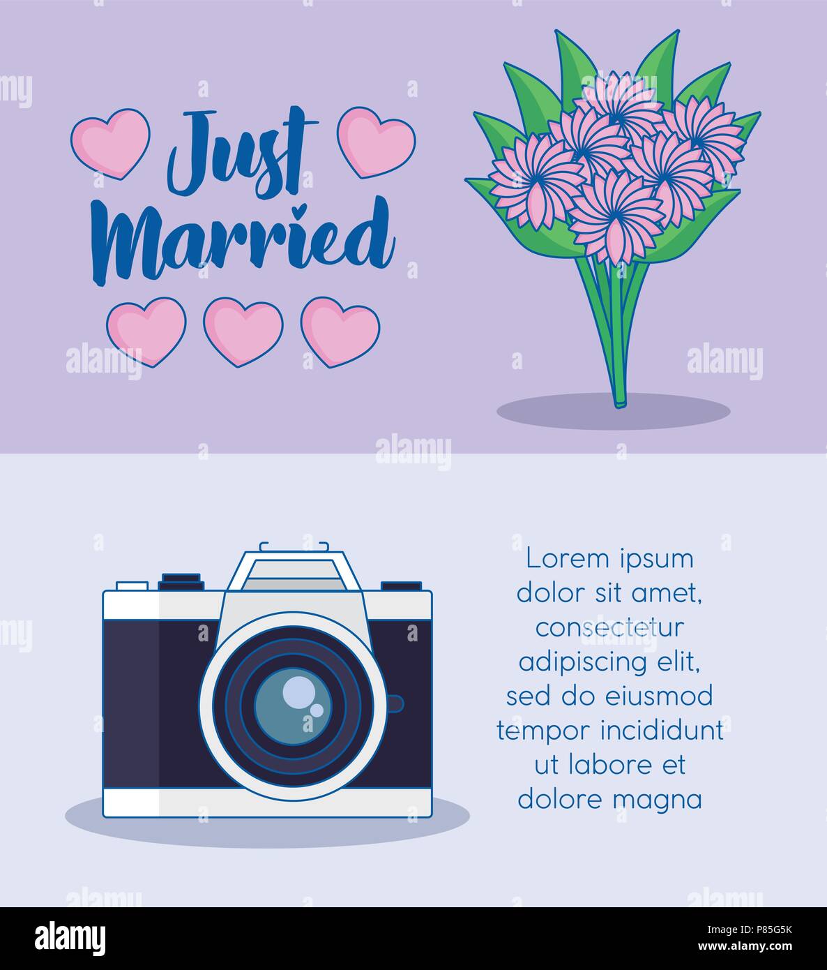 Just married infographic with flowers bouquet and camera icon over ...