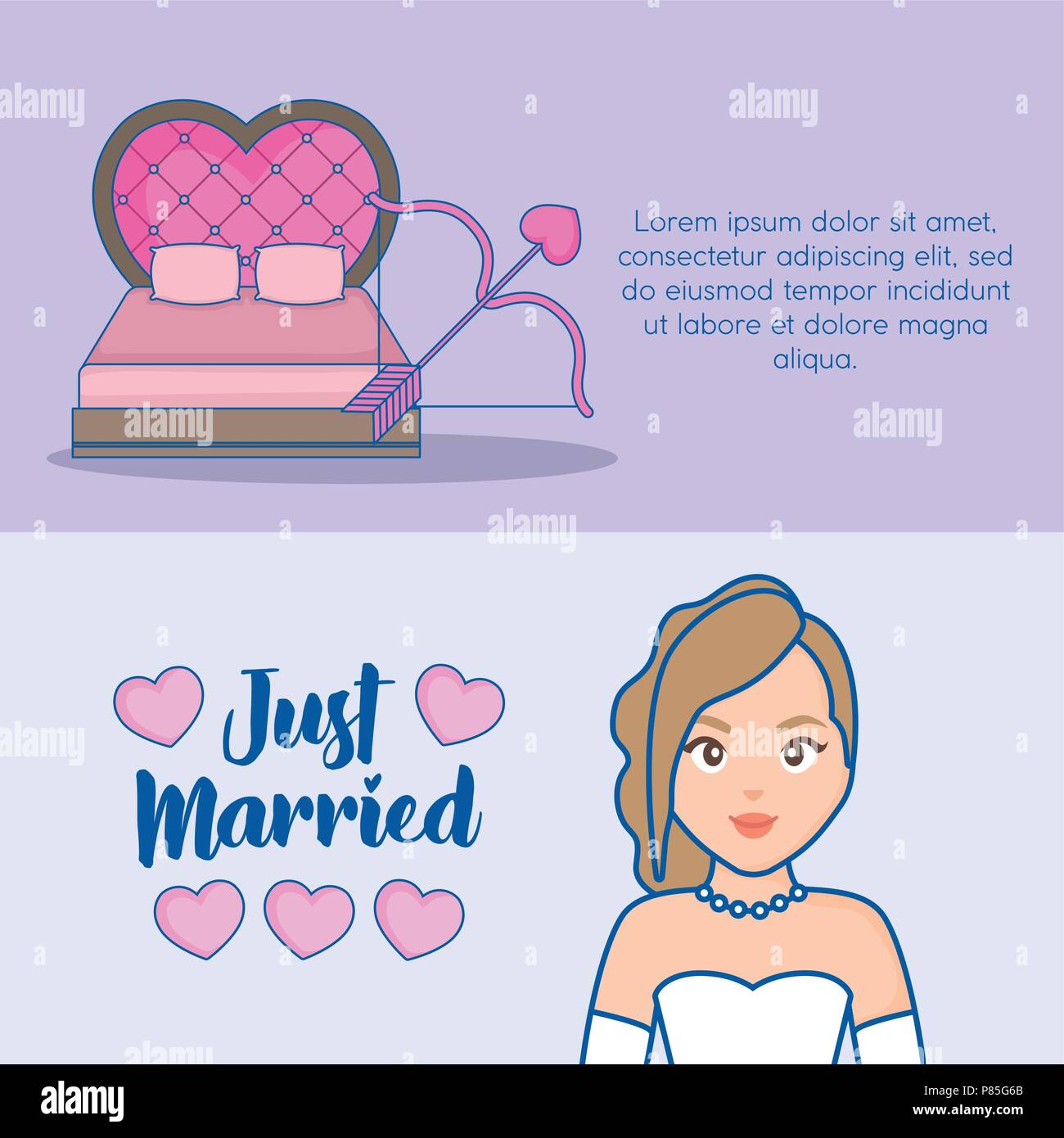 Just married infographic with bride and bed icon over purple background ...