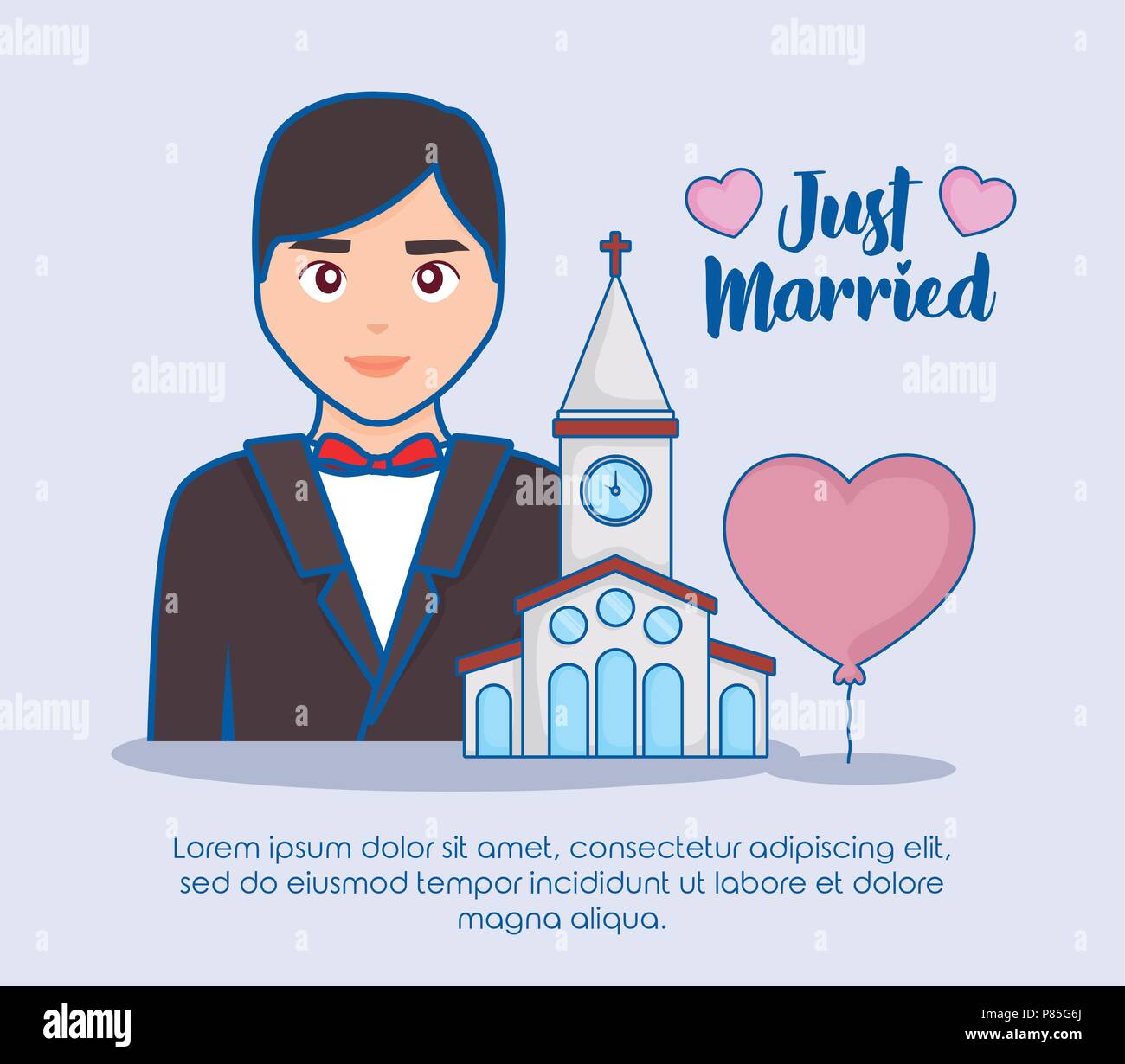 Just married infographic with cartoon groom and church icon over blue ...