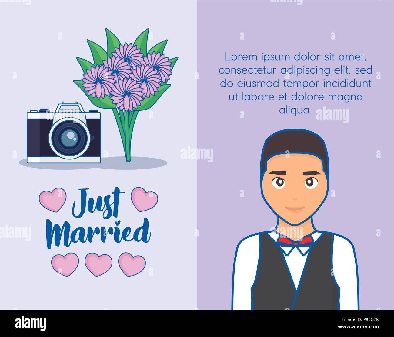 Just married infographic with camera and groom icon over purple ...