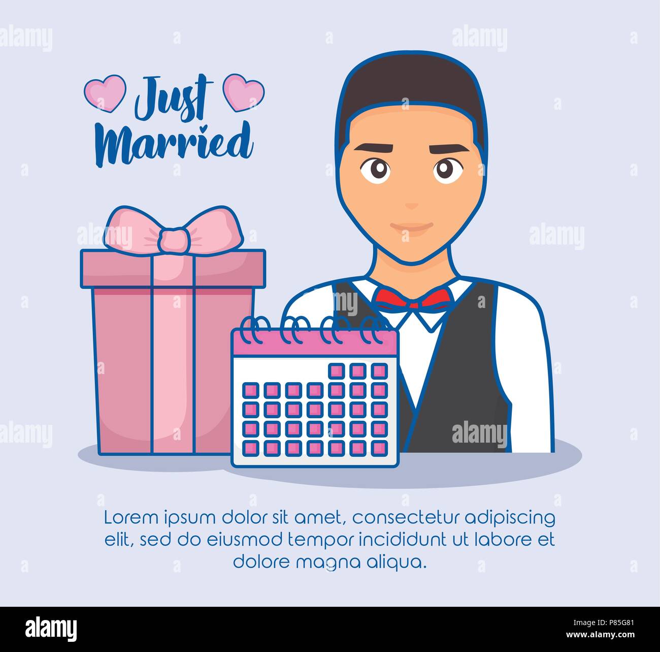 Just married infographic with calendar and gift box icon over purple ...