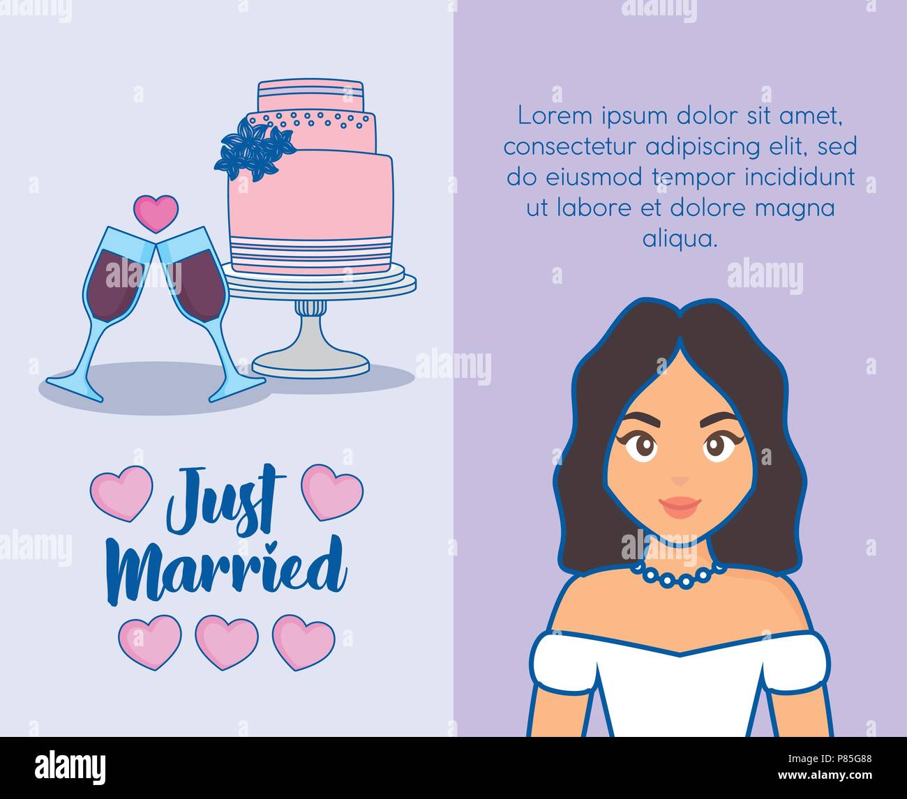 Just married infographic with wedding cake and bride icon over purple ...