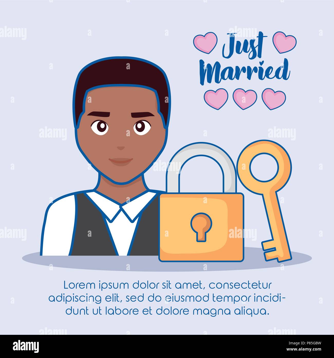 Just married infographic with groom and padlock icon over blue ...