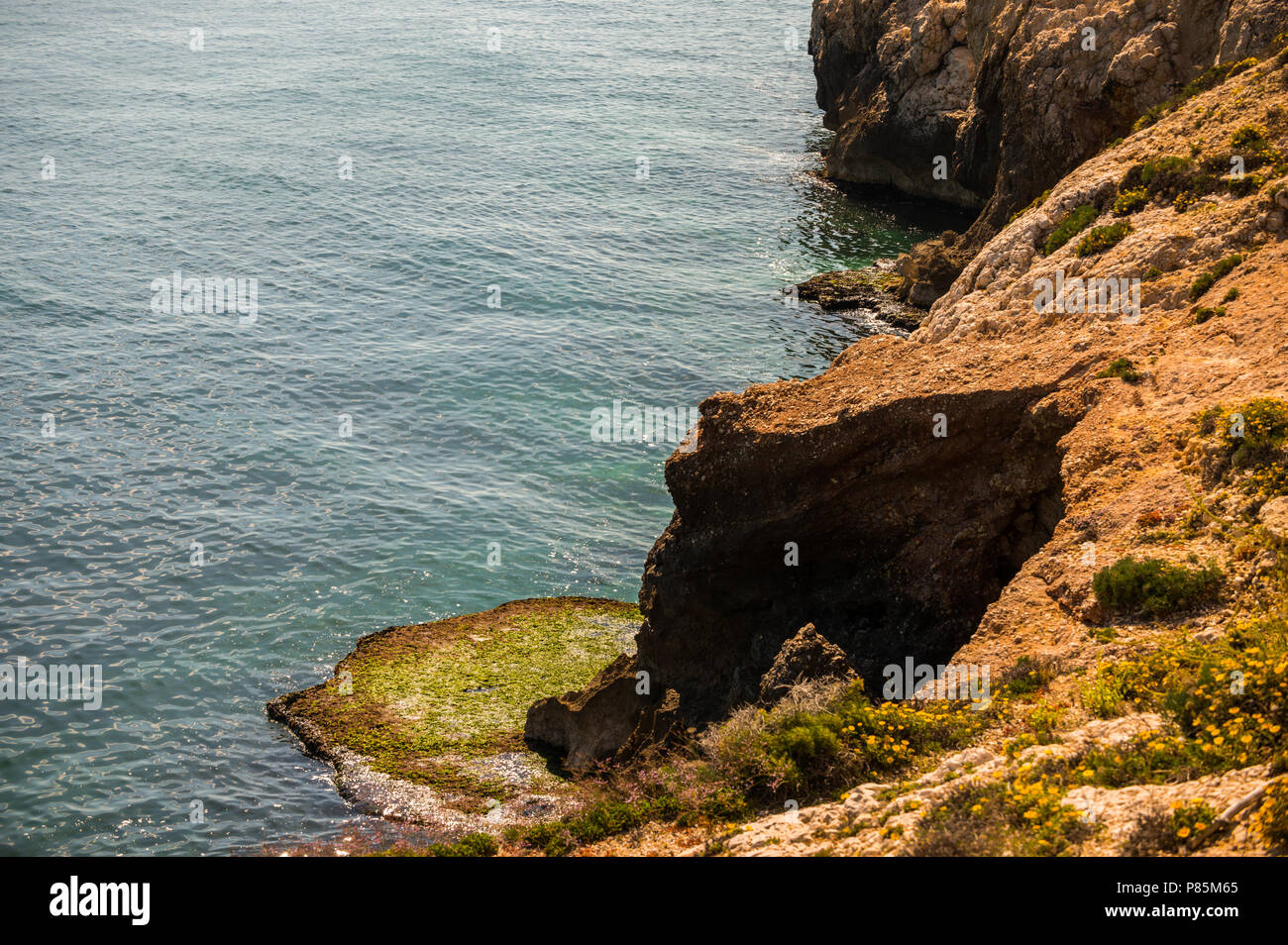 high cliff above the sea, summer sea background, many splashing waves ...