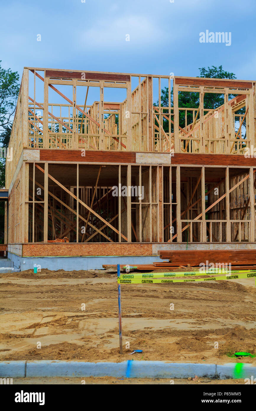 House under construction upward view through residential, wood ...