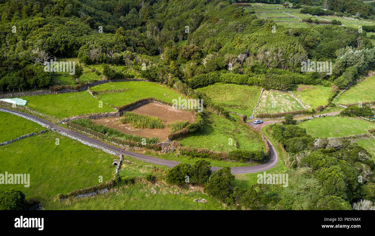 Aerial view of the lower part of Fojo in Corvo, Azores. October 2017 ...
