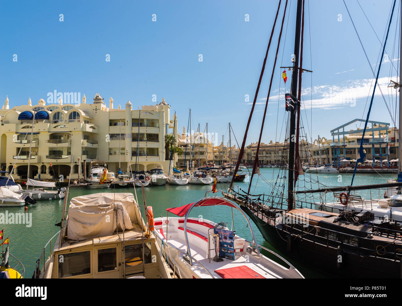 BENALMADENA, SPAIN - MAY 10, 2018 A beautiful marina with luxury yachts ...