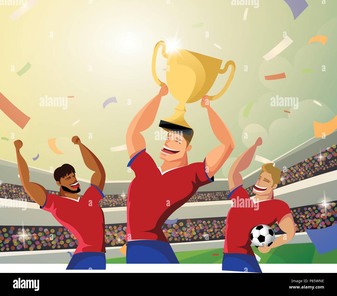 Winner team player holding soccer ball and Champion cup trophy in ...