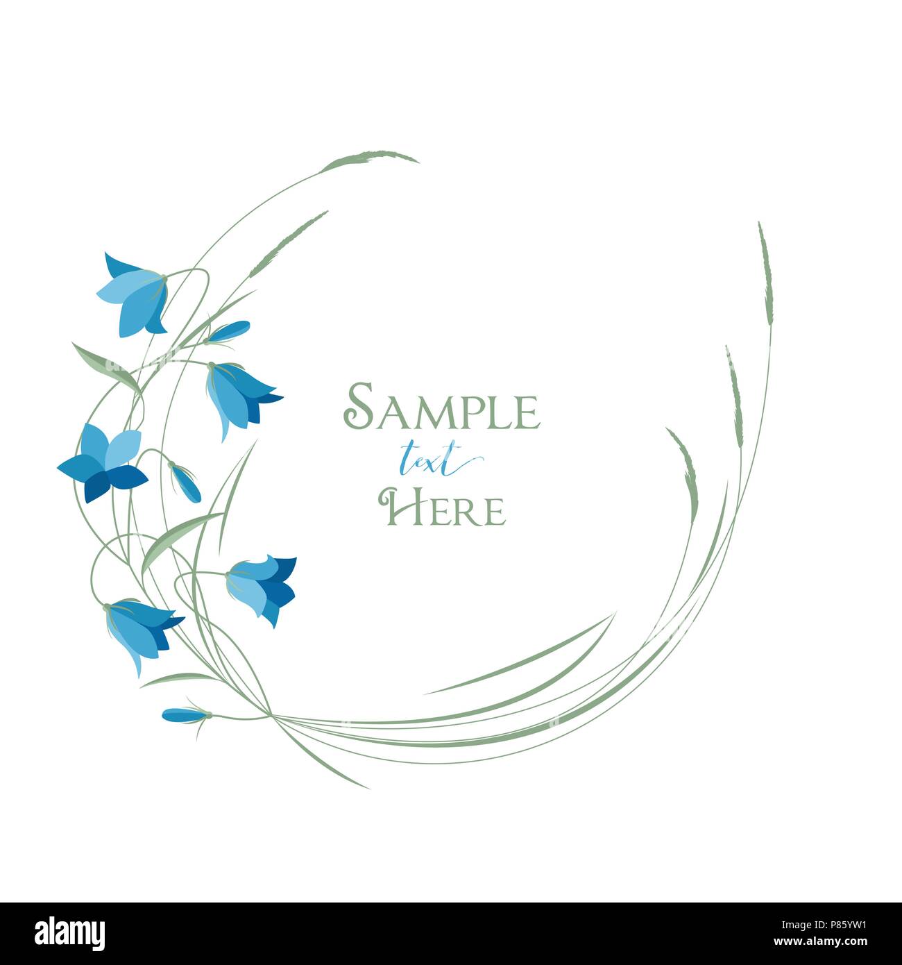 Vector illustration blue bell-shaped flowers in the grass. Frame Summer ...