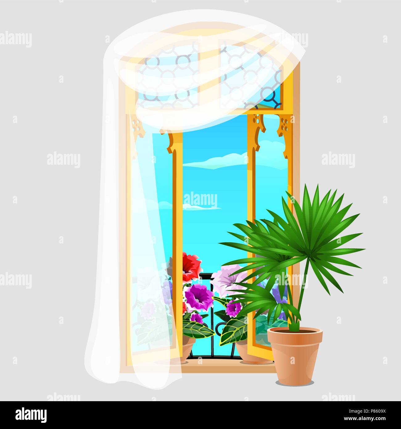 Vintage wooden window with curtains and potted flowers on the ...
