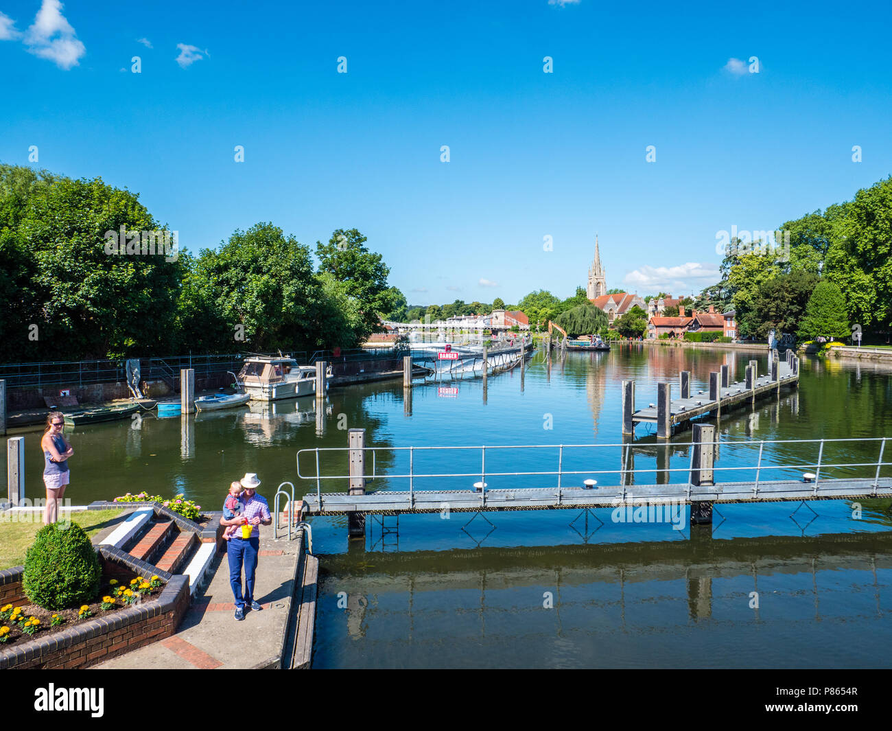Family, at Marlow Lock, With view towards Marlow, with River Thames ...