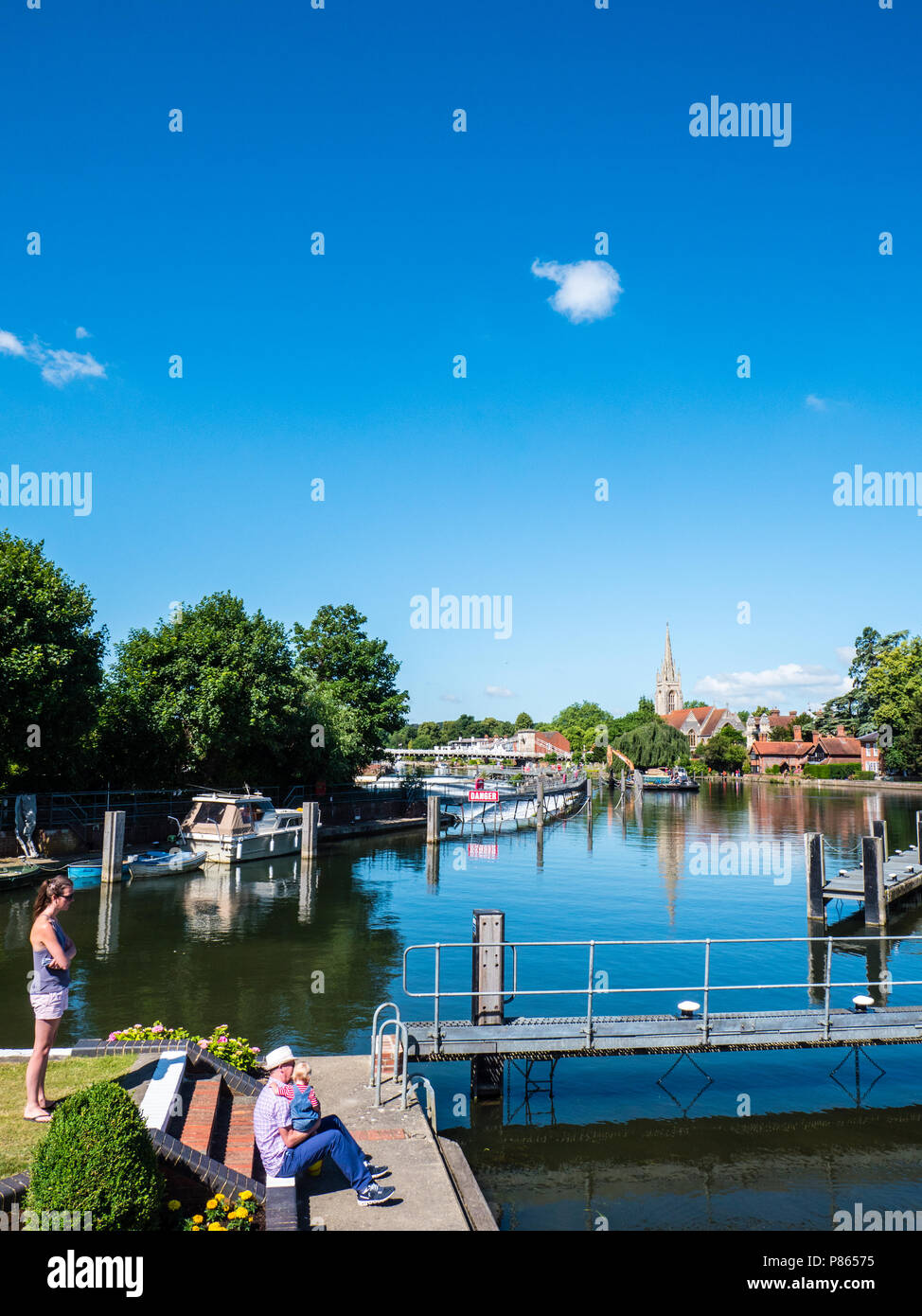 Family, at Marlow Lock, With view towards Marlow, with River Thames ...