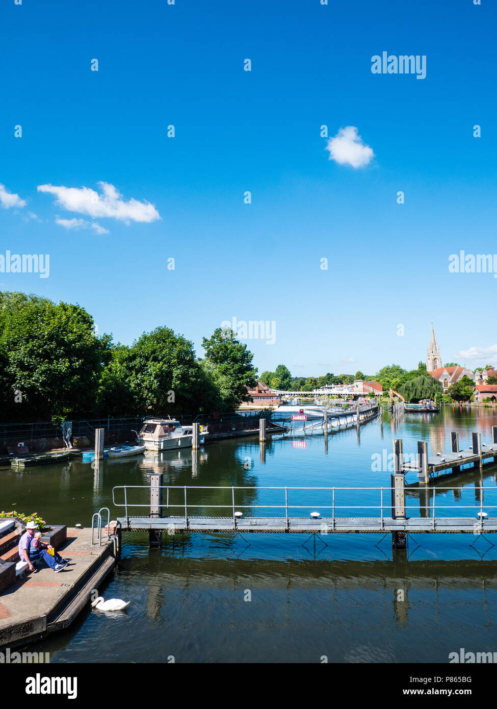 Family, at Marlow Lock, With view towards Marlow, with River Thames ...