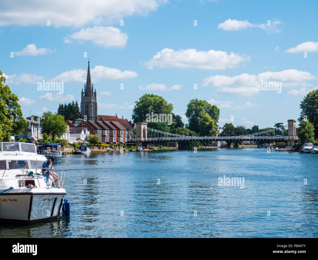 Man Fishing from Boat, with View of River Thames, All Saints Church ...