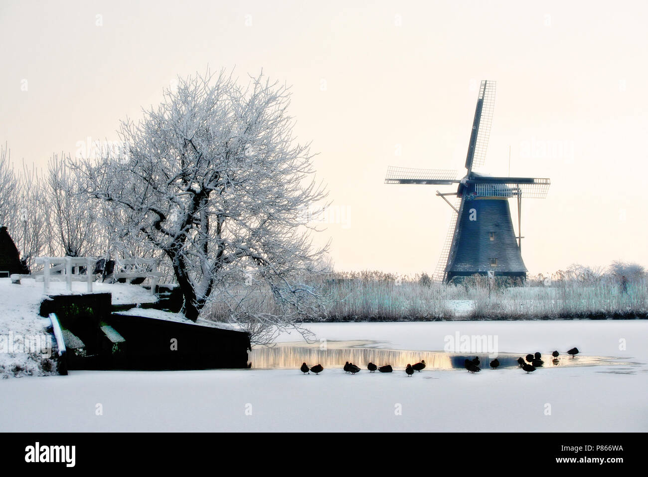 Winterlandschap met molen; Winter landscape with windmill Stock Photo ...