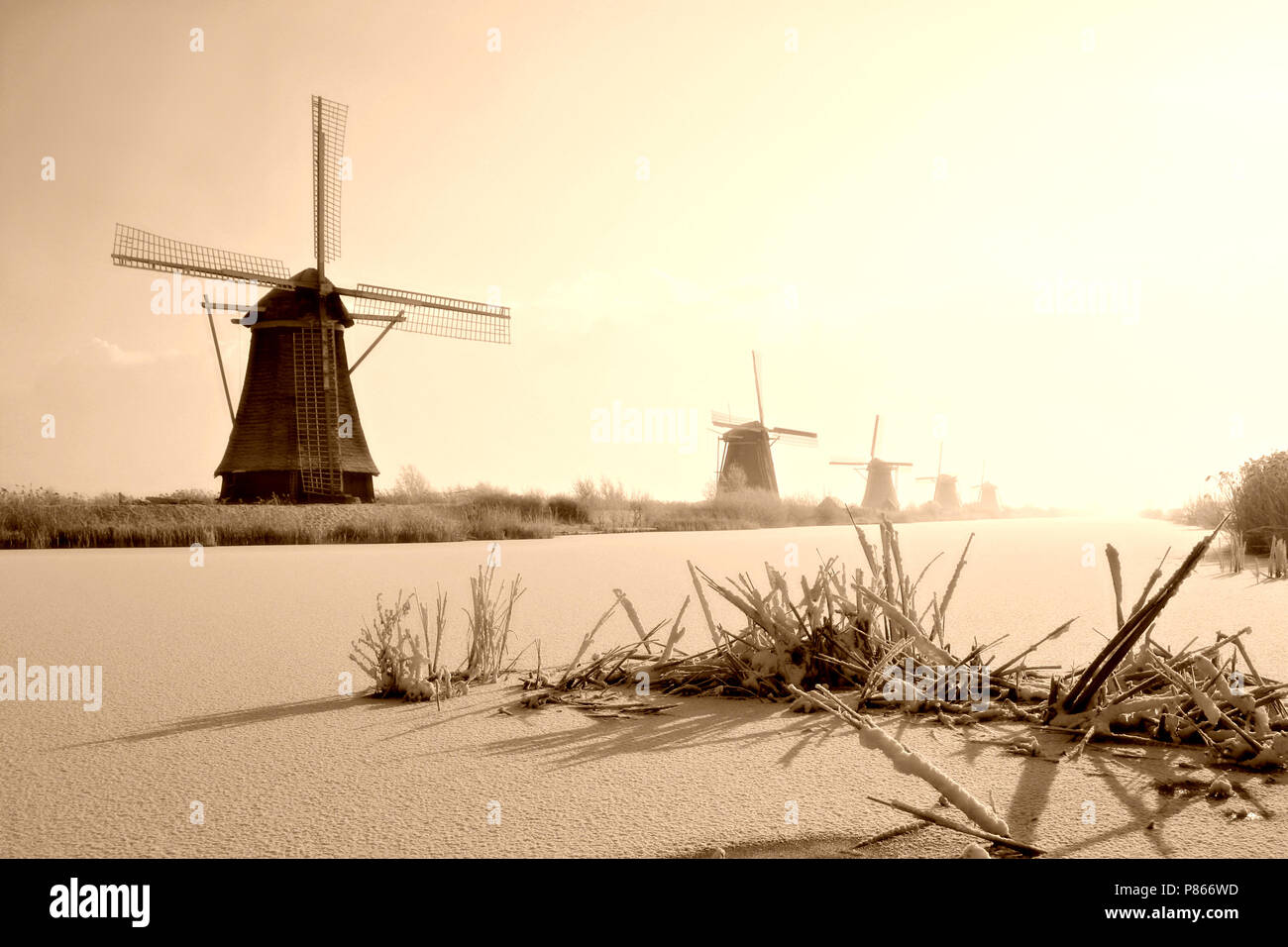 Winterlandschap met molen; Winter landscape with windmill Stock Photo ...