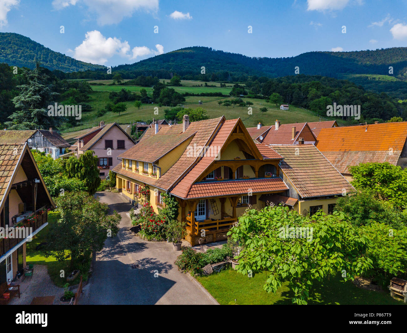 Old but renovated village house in countryside aerial view, Alsace ...
