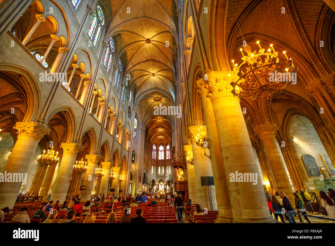 PARIS, FRANCE - JULY 1, 2017: central nave interior of Notre Dame ...